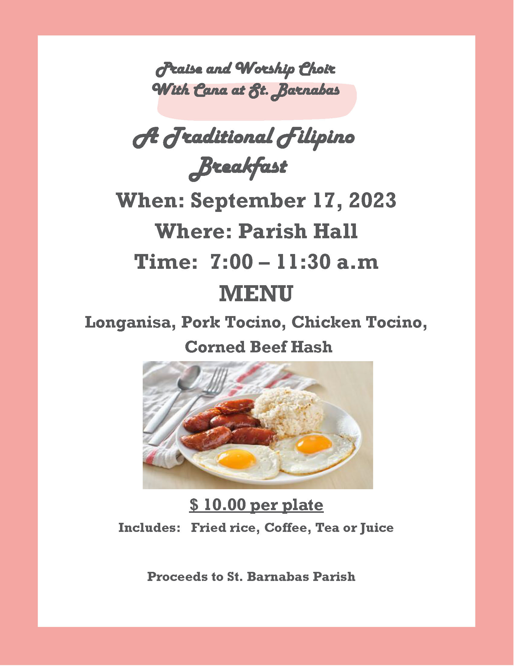 9/17 Filipino Breakfast Fundraiser – ST. BARNABAS CHURCH